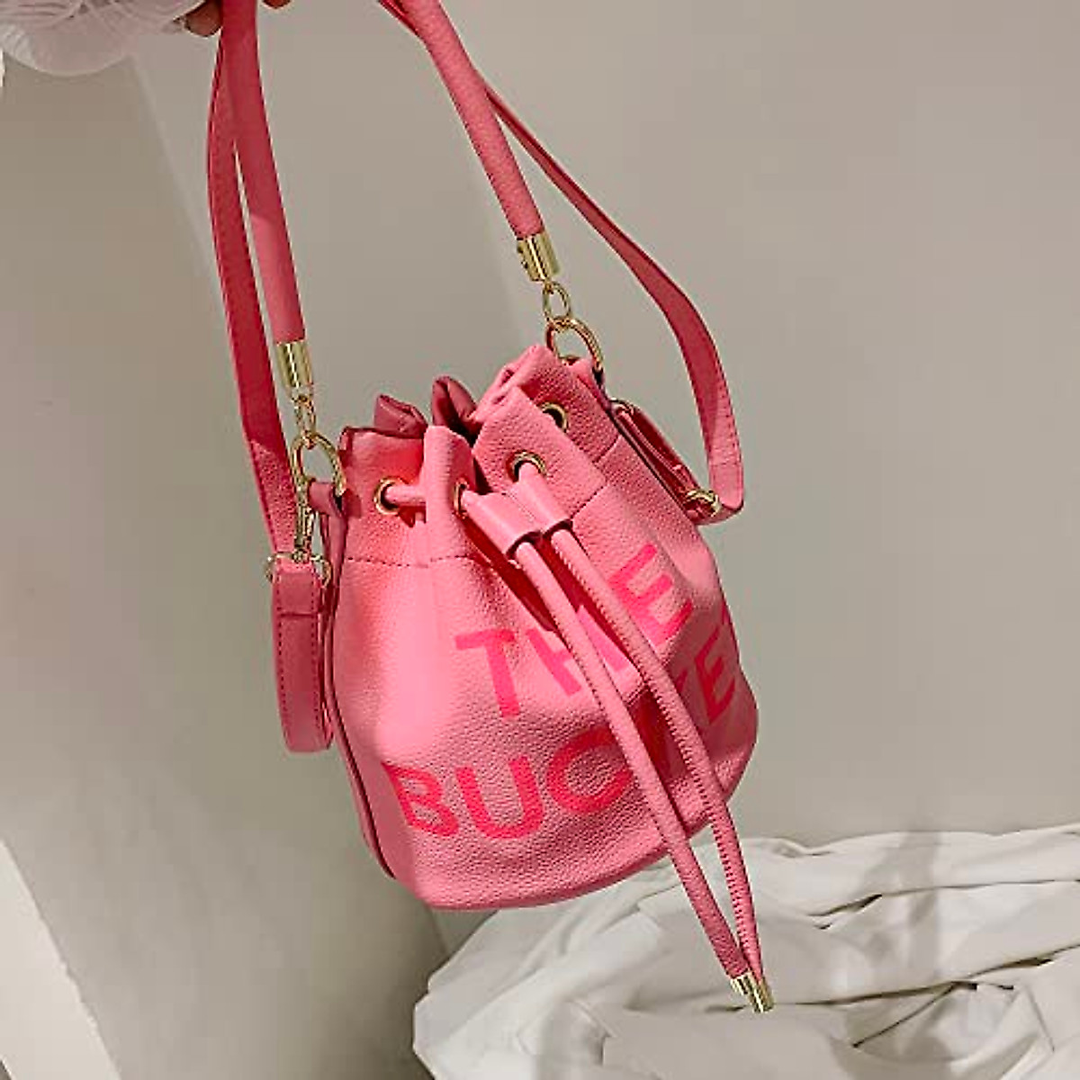 Small Bucket Bag for Women, Leather Bucket Bag Purses, Crossbody/Handbag/Hobo Bag(7.9*7.9*8.3in) (Rose Red)