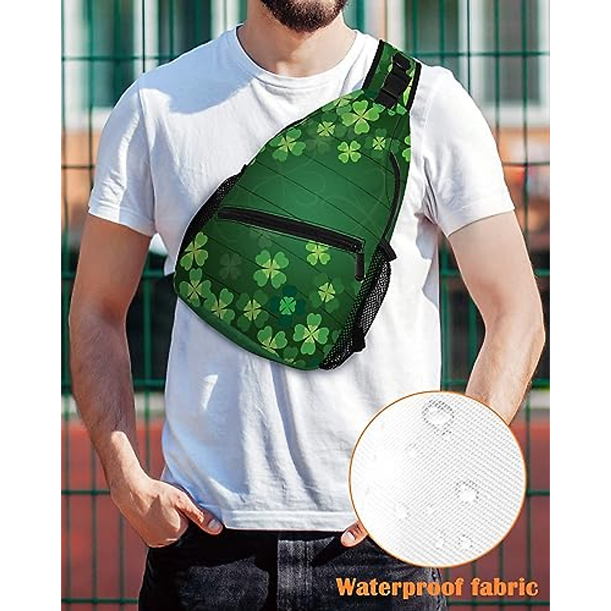 Sling Backpack, Saint Patrick'S Day Clover Green Leaf Waterproof Lightweight Small Sling Bag, Travel Chest Bag Crossbody Shoulder Bag Hiking Daypack for Women Men