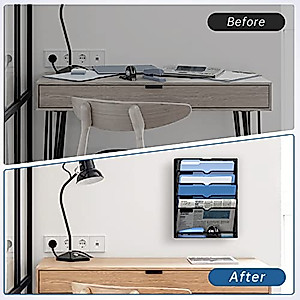 DALTACK Wall File Holder 6 Tier Hanging Wall File Organizer with Hooks, for Papers Mails Folders Clipboard Magazine Organization, for Office Home, Mesh Metal, Black