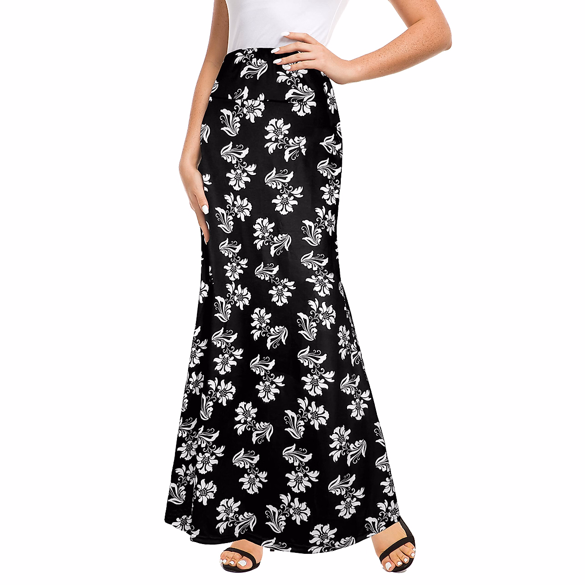 Afibi Women's Fold Over High Waisted Floor Length Maxi Flare Skirt with Pockets (Black/White, Small)