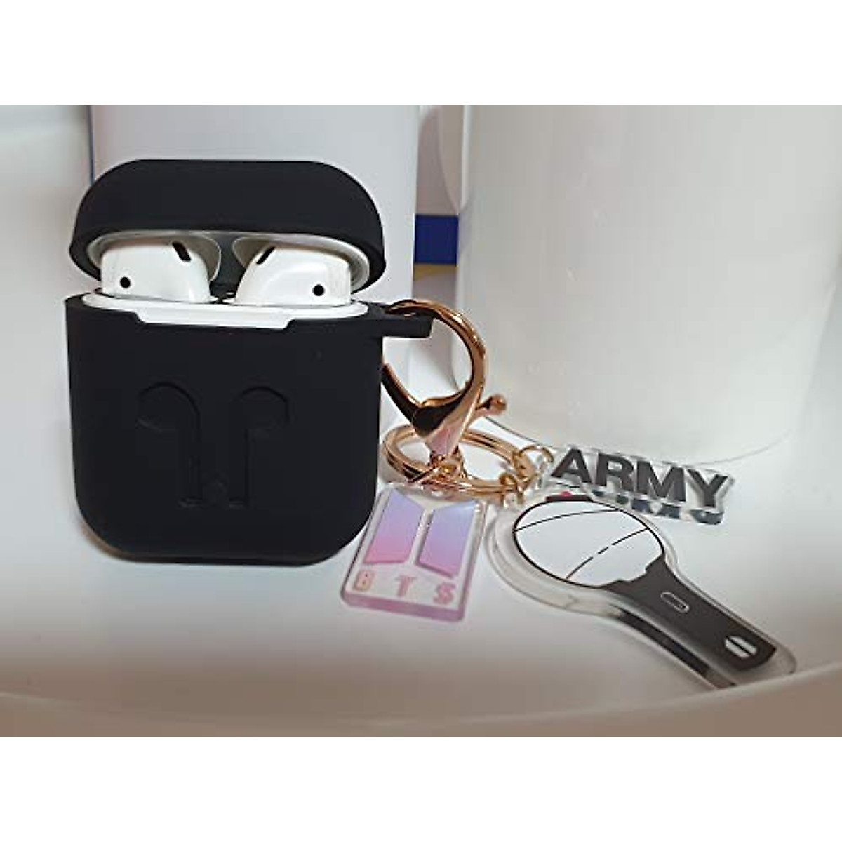 BT-S Airpods Case with Kpop Bangtan Boys Army Bomb Keychain, Protective Premium Silicone Cover Compatible with Apple Airpods (Black)