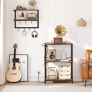 HOOBRO Bakers Rack with Power Outlets, Coffee Bar with Floating Shelves, Microwave Stand with 11 S-Hooks, Freestanding Kitchen Storage Shelves, for Kitchen, Living Room, Rustic Brown BF11UHB01