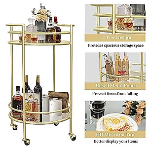 GIFTTROVE Gold Bar Cart for Home, 2 Tier Bar Serving Cart, Round Rolling Bar Cart with 2 Mirrored Shelves, Wine Cart Stand for Kitchen, Living Room