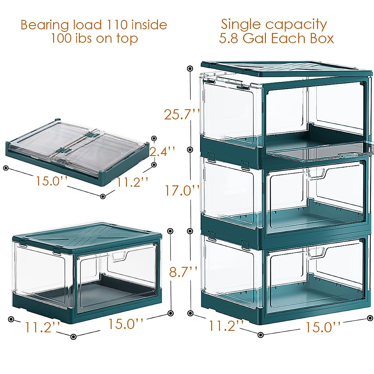 PRANDOM Stackable Clear Storage Bins with Lids,70 Qt Plastic Collapsible Organizer Containers Boxes with Doors for Organizing Closet Bathroom Bedroom Green 15x11.2x8.7 x 3-Pack