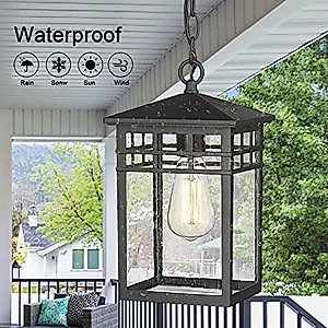 Diyel Outdoor Pendant Light Lanterns for Front Porch, Black Exterior Hanging Light Fixtures with Seeded Glass Shade for Patio, Entryway, Garage, Gazebo, RZ009-H BK