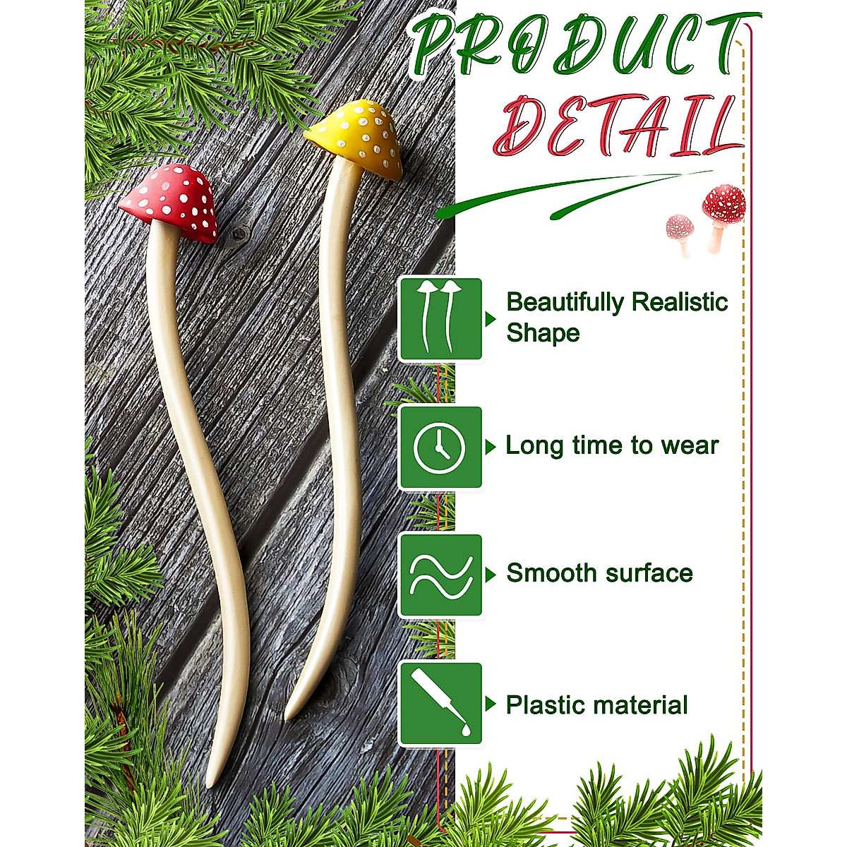 Taiyin Hair Clip Mushroom Hair Sticks, 2 Pcs Christmas Hair Sticks for Long Hair, Cute Print Hair Sticks Accessories for Women/Girls, Red, Yellow