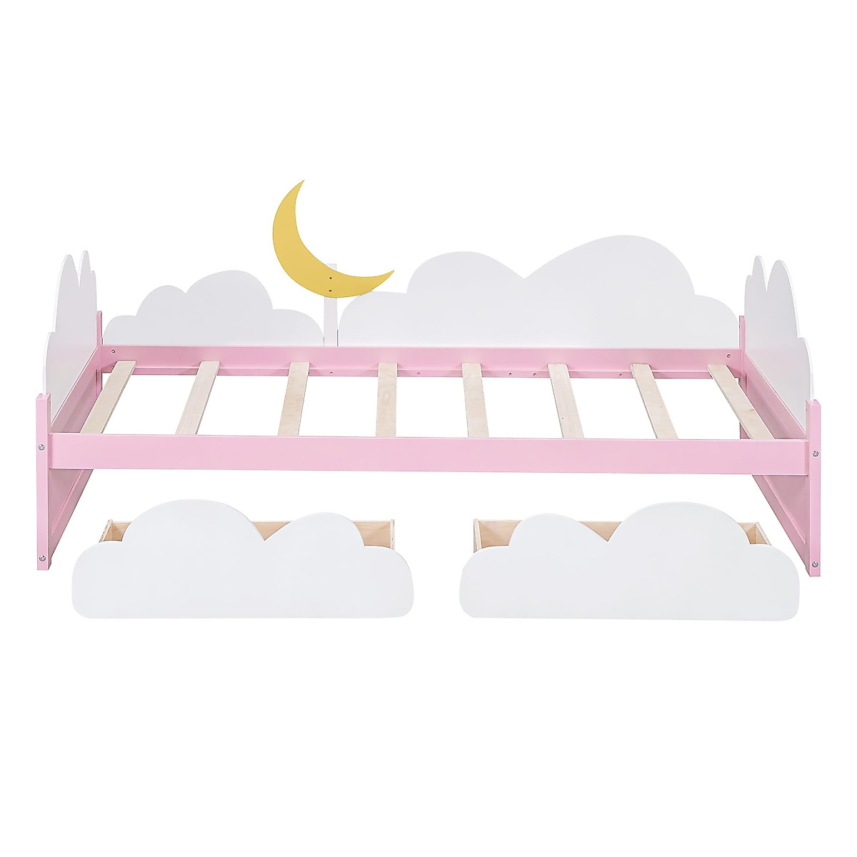 Yehha Twin Daybed for Kids, Solid Wood Bedframe w/Clouds and Moon Decor, 2 Storage Drawers, Cartoon Low Bed Frame for Boys & Girls Bedroom, Pink
