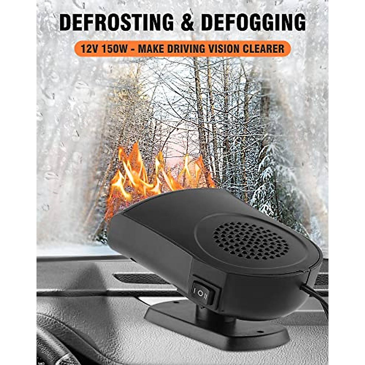 Car Heater,12V 150W Portable Car Heater Defroster Fans, 2 in 1 Heating & Cooling Fast Heating Defrost Defogger with Plug in Cigarette Lighter, Window Defroster for Car, SUV, Jeeps, Trucks, Black