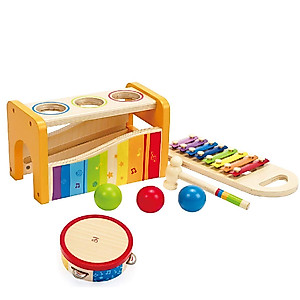 Hape Pound, Tap, & Shake! Music Set - Award Winning Wooden Pounding Bench, Baby Xylophone, and Tap Along Tambourine - Developmental, Non-Toxic, Montessori Musical Toys for Toddlers 1 - 4 Years Old