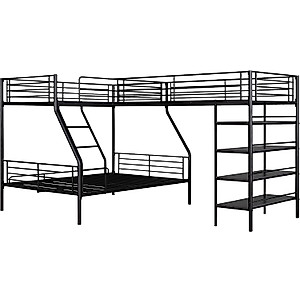 DNYN Twin Over Full Bunk Bed for Kids,L-Shaped Metal Bedframe with Loftbed Style & 4 Built-in Shelves,Perfect for Dorm,Bedroom,Guest Room,No Box Spring Needed,117.2"x77.5"x62.9", Black