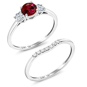 10K White Gold Red Created Ruby and White Created Sapphire and White Lab Grown Diamond 3-Stone Bridal Engagement Wedding Ring Set For Women (0.93 Cttw, Gemstone July Birthstone, Round 5MM, Size 6)