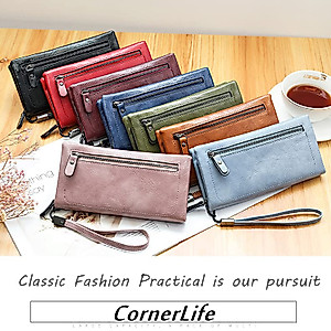CornerLife Women Zipper Wallets with Wristlet Large Capacity Long Wallet Clutch Checkbook Purse Wallet Oil Wax PU Leather Ladies Wallets (Black)