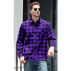 Cromoncent Men's Casual Plaid Flannel Long Sleeve Button Down Shirt,Purple Black,Medium