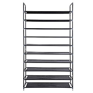 SoSo-BanTian1989 Black 10 Tiers Metal Tube Free Standing Shoe Rack, 50 Pairs Expandable Divisible Non-Woven Fabric Shoe Storage Organizer Cabinet Tower Shelf
