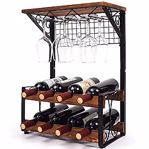 X-cosrack 2 Tier Solid Wood Wine Rack, Hold 8 Wine Bottles and 6 Glasses Countertop Wine Storage Stand, Freestanding Wine Holder Display Shelves for Kitchen, Pantry, Cellar, Bar
