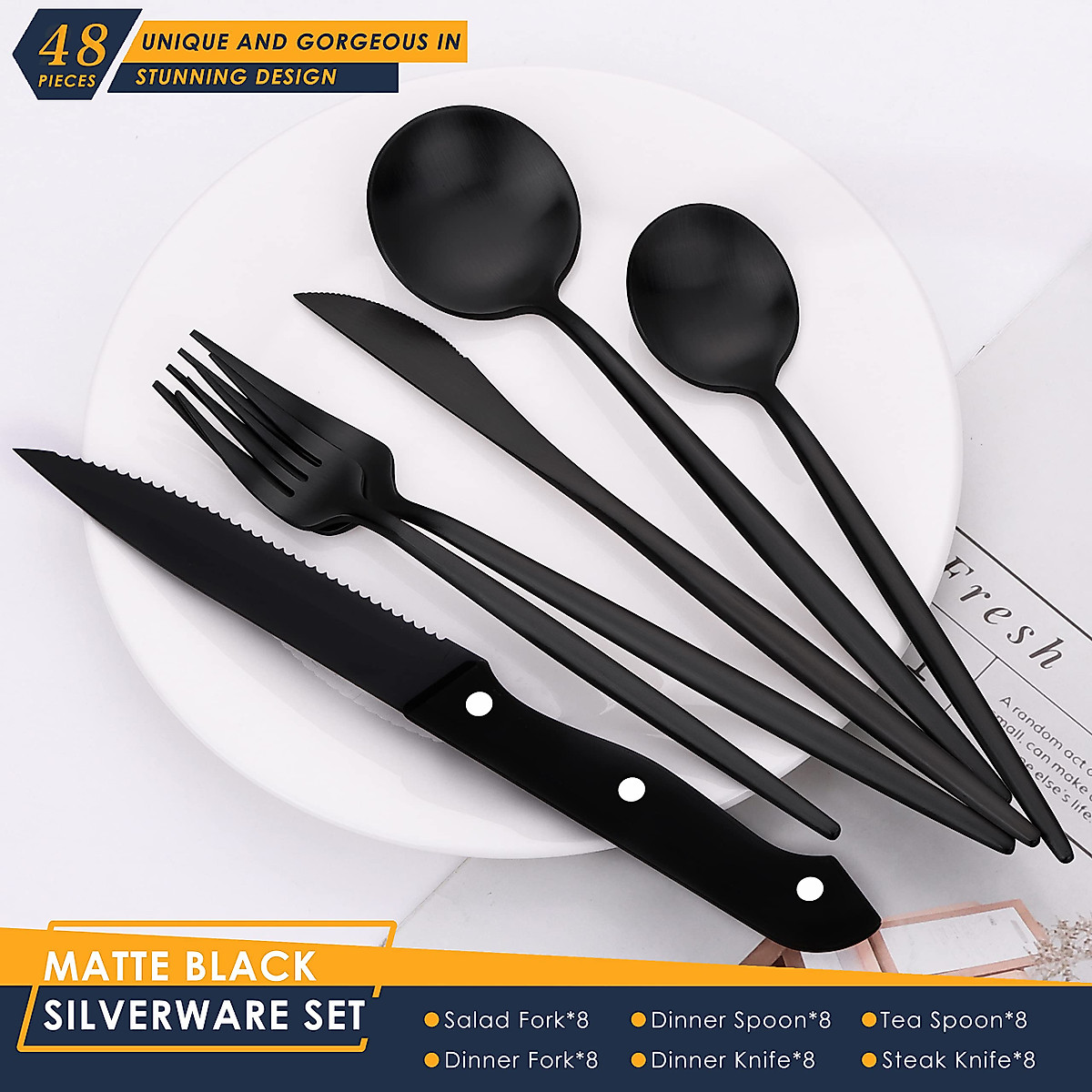 Stapava 48-Piece Matte Black Silverware Set with Steak Knives, Stainless Steel Flatware Set for 8, Satin Finish Tableware Cutlery, Utensil Sets for Home Restaurant Hotel, Dishwasher Safe