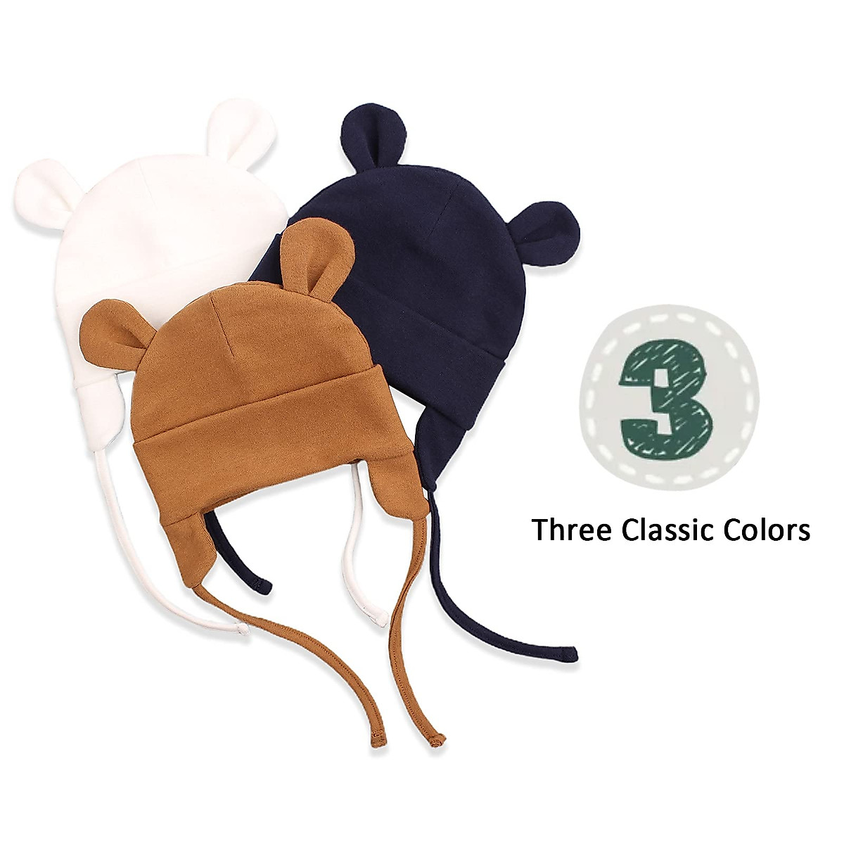 JANGANNSA Bear Cotton Newborn Hat Ear Flap Baby Hospital Cap New Born Warm Beanie for Boys Girls Autumn Winter (White+Navy Blue+Coffee, 0-6 Months)