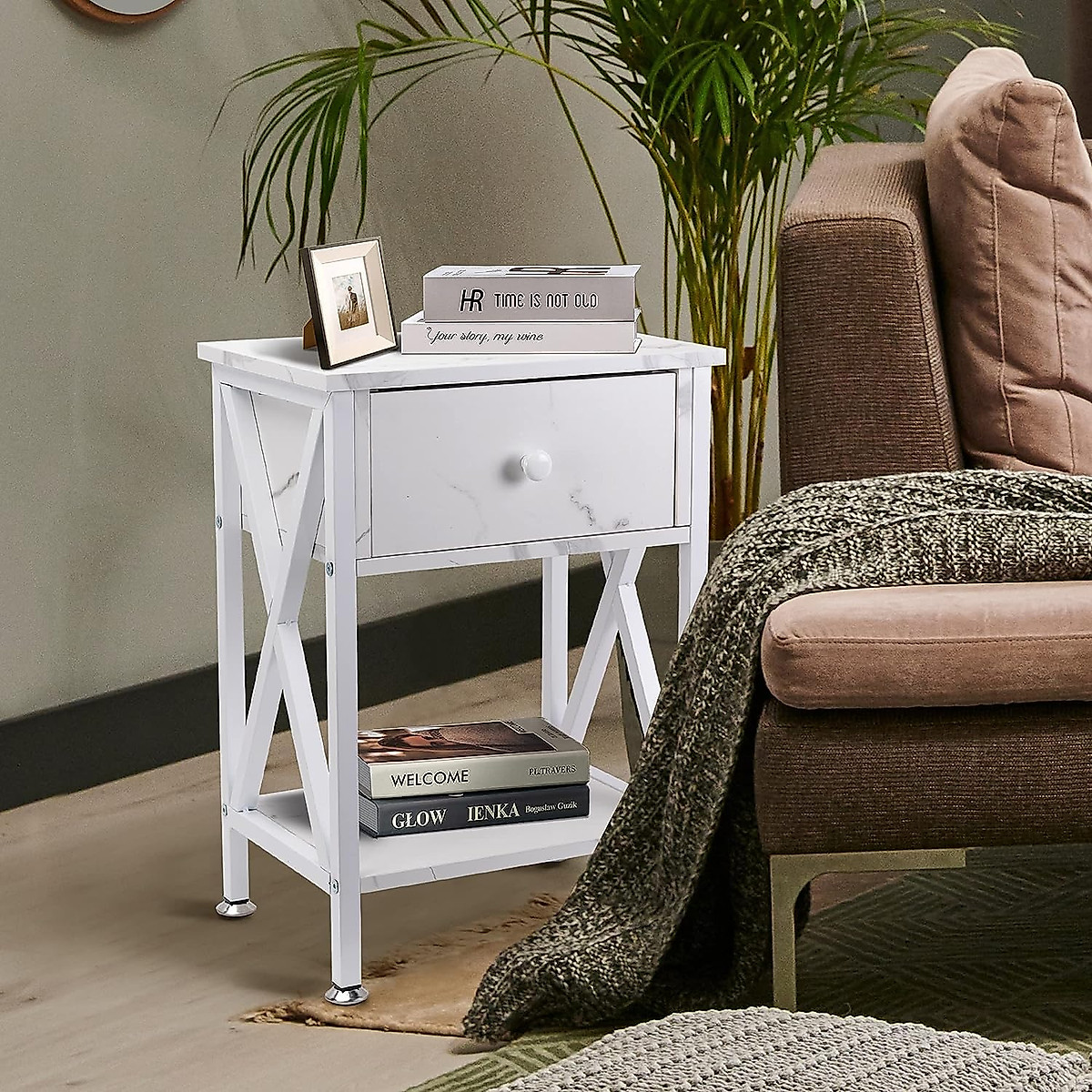 GOOD & GRACIOUS Nightstand End Side Table with Drawer Night Stand End Tables with Shelf for Living Room, Bedroom, Bed Side, Small Narrow Side Tables, Metal White