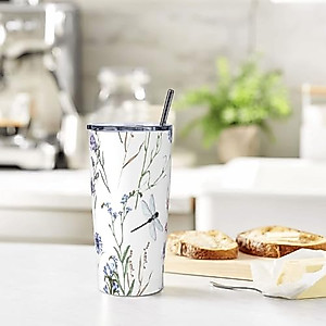 20oz Tumbler Watercolor Flowers Dragonfly Double Wall Vacuum Insulated Coffee Mug with Lid and Metal Straw Brush Reusable Stainless Steel Water Bottle Travel Cup Gifts for Car Ice Drinks Hot Beverage