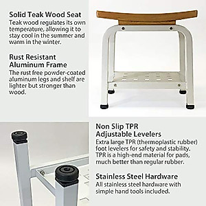 Bali Teak & Aluminum Indoor Outdoor Shower/Bath/Spa/Patio Stool Bench, Seat Chair with Storage Shelf and Adjustable TPR Feet, Anthology Spa Collection, B103/BGE (Light Beige)