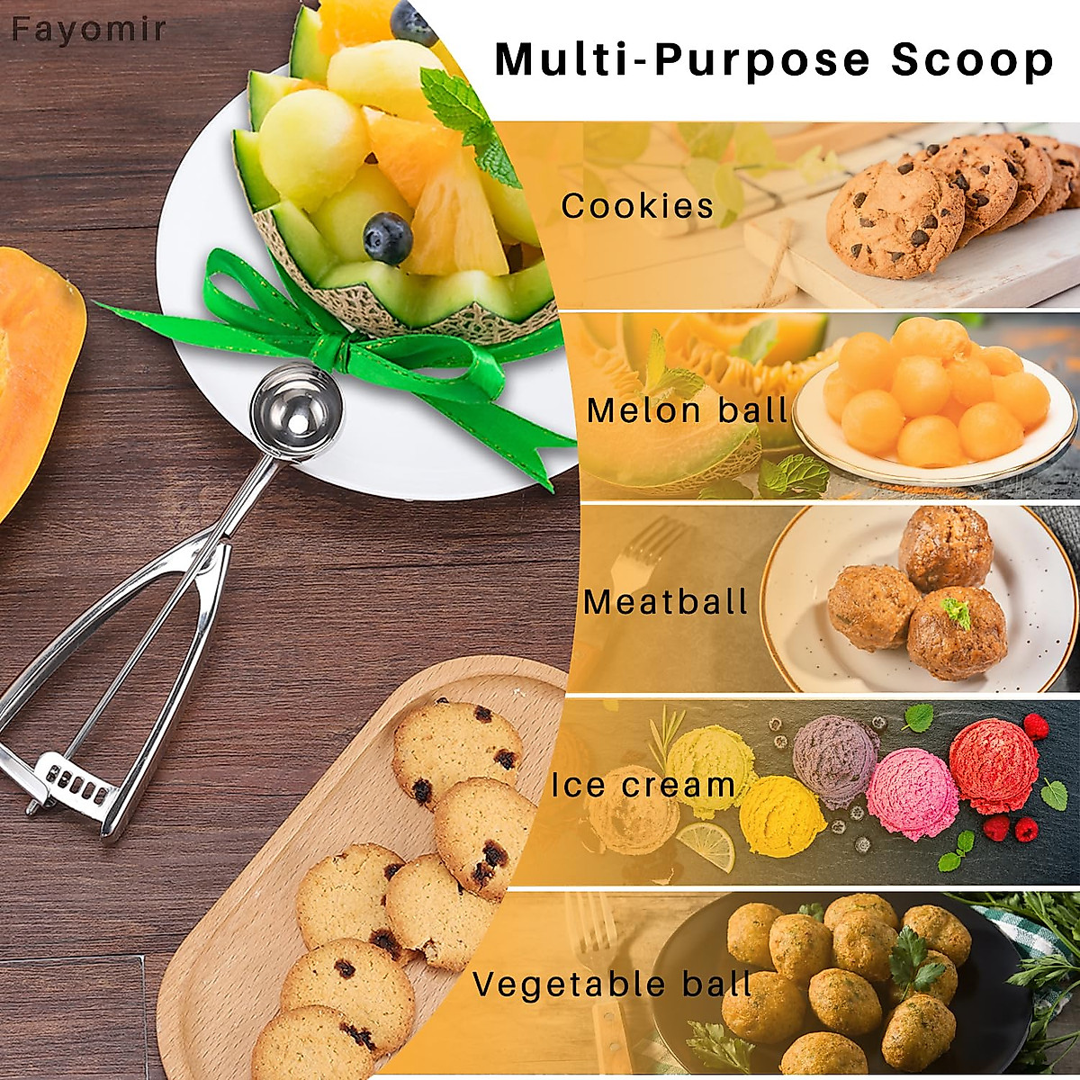Fayomir Cookie Scoop Set - Small/1 Tablespoon, Medium/2 Tablespoon, Large/3 Tablespoon - Ice Cream Scoop Set, 18/8 Stainless Steel Dough Scoop Cupcake Scoop Melon Baller
