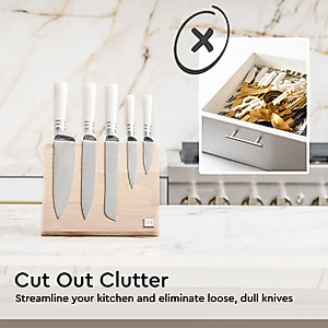 White Knife Set with Magnetic Knife Holder Stand - 6 PC White Magnetic Knife Set Includes White Handle Knife Set with Ashwood Magnetic Knife Block - White Kitchen Accessories, White Kitchen Decor