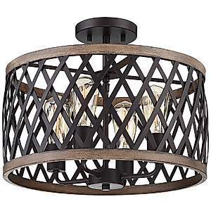 Franklin Iron Works Trey Farmhouse Rustic Close to Ceiling Light Semi Flush Mount Fixture 16" Wide 4-Light Bronze Woodgrain Drum Shade for Bedroom Hallway Living Room Dining Room Bathroom Kitchen
