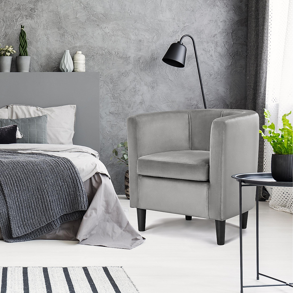 Yaheetech Accent Chair, Modern Velvet Armchairs with Big Ample Seat, Half Rounded Back, Cozy Upholstered Barrel Sofa Chair for Living Room Bedroom Waiting Room, Gray