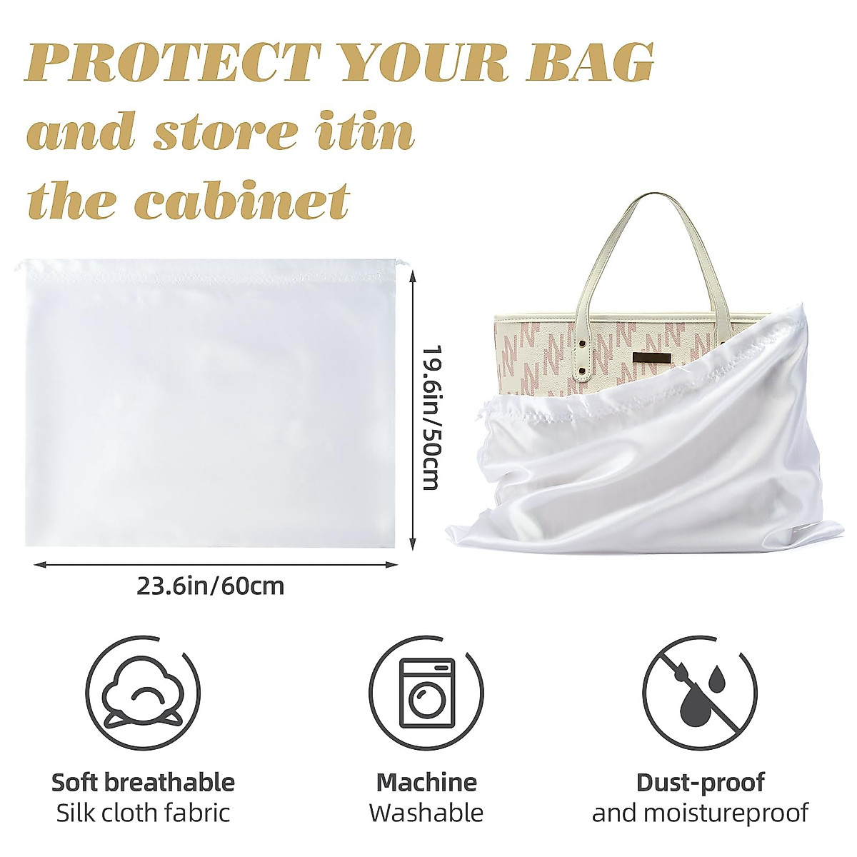 GDBEH 3 Pack Dust Bags for Purses and Handbags，Silk Purse Dust Bags for Storage， With Drawstring Large Dust Bags for Handbag， Dust Covers for Purse Shoes Boots (White, 19.6 × 15.7 in)