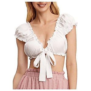 SweatyRocks Women's Sexy Tie Front Crop Top Deep V Neck Puff Short Sleeve Casual Blouse Shirt White Solid XS