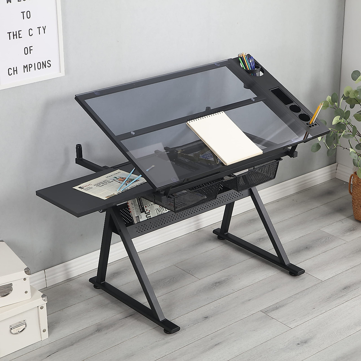 LKKRO Black Adjustable Tempered Glass Drafting Printing Table with Chair