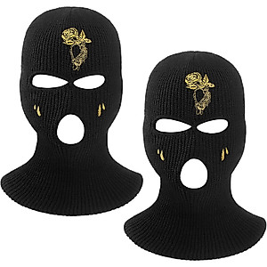 Bencailor 2 Pcs 3-Hole Knitted Full Face Cover Ski Mask Balaclava Knitted Mask Beanie Winter for Outdoor Cycling Ski Sports(Black, Rose Style)