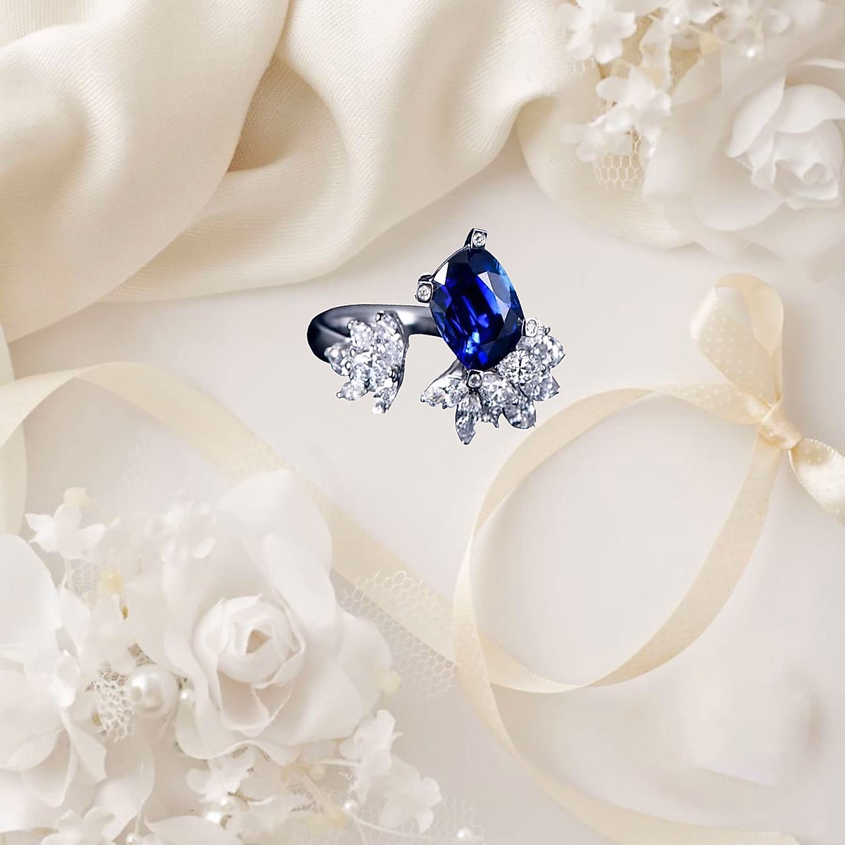 H.Queen Lifetech Fashionable Navy Sapphire Zircon Created Gemstone Rings Navy Blue Adjustable Open Rings Copper Plated 925 Silver for Women（Navy Blue