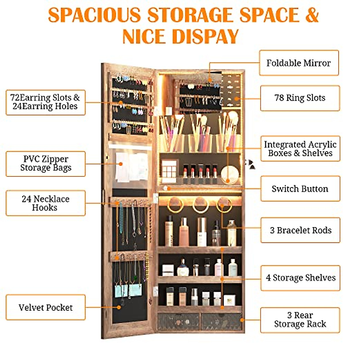 Vlsrka Mirror Jewelry Cabinet with 3 LED Lights, Wall/Door Mounted Jewelry Armoire Organizer with Full Length Mirror Large Capacity Storage Hanging Cabinet, Built-in Lighted & Movable Makeup Mirror