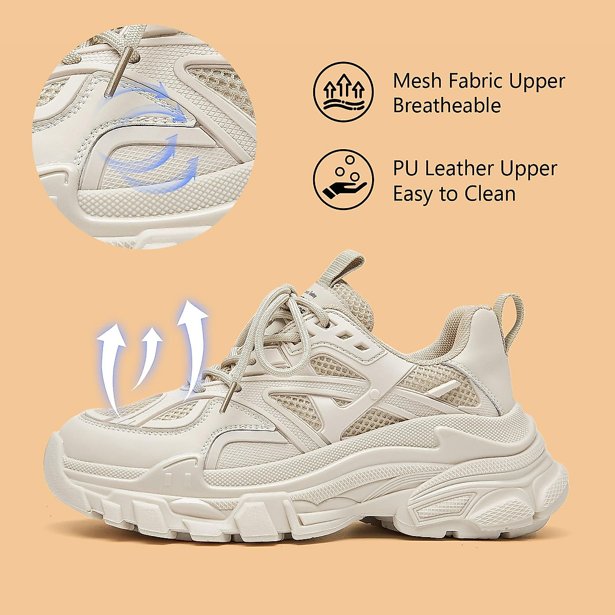 BEAU TODAY Chunky Sneakers for Women, Fashion Platform Sneakers Dad Shoes for Women, Casual Lace-up Walking Shoes Beige US 6