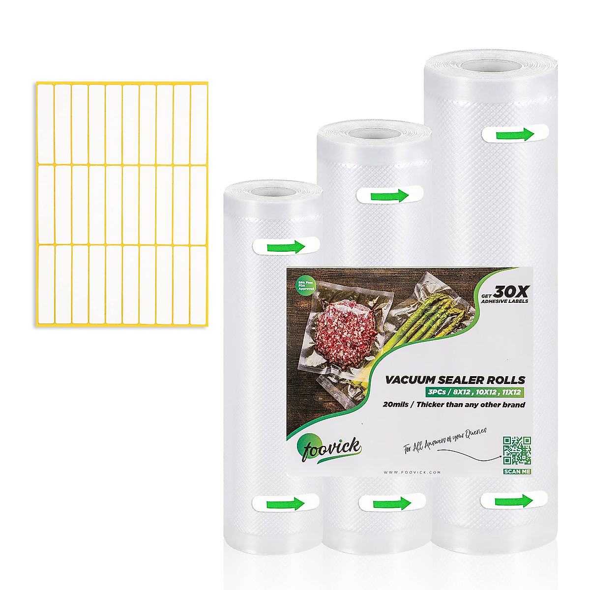 Foovick Vacuum Sealer Bags - Pack of 3 Vacuum bags with 30 Label Sheets, Perfect Sous Vide Bags for Food Saving - Sizes 8 in x 12ft, 10 in x 12ft, 11 in x 12ft