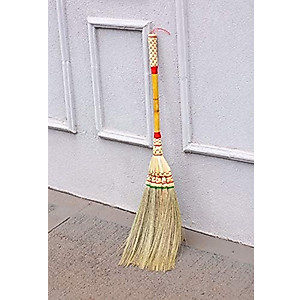 SKENNOVA - 34" of Small Natural Grass Broom for RV's, Cabin & Tents Design Vintage Style of Bamboo Stick Embroidered Woven Thread Nylon Hand Grip Dry Banana Leaf