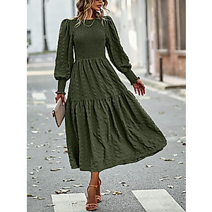 PRETTYGARDEN Women 2024 Puff Long Sleeve Crewneck Smocked Maxi Dress Solid Empire Waist Tiered A-line Swing Flowy Long Dress(Army Green,X-Large)