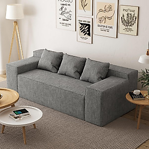 PurrJoys Modern 3-Seater Sofa, Hybrid Sofa in a Box, No Assembly Required, Comfy Sofa Couch with 3 Matching Pillows, Cat-Scratch Resistant Linen, Couch for Living Room or Bedroom, Grey