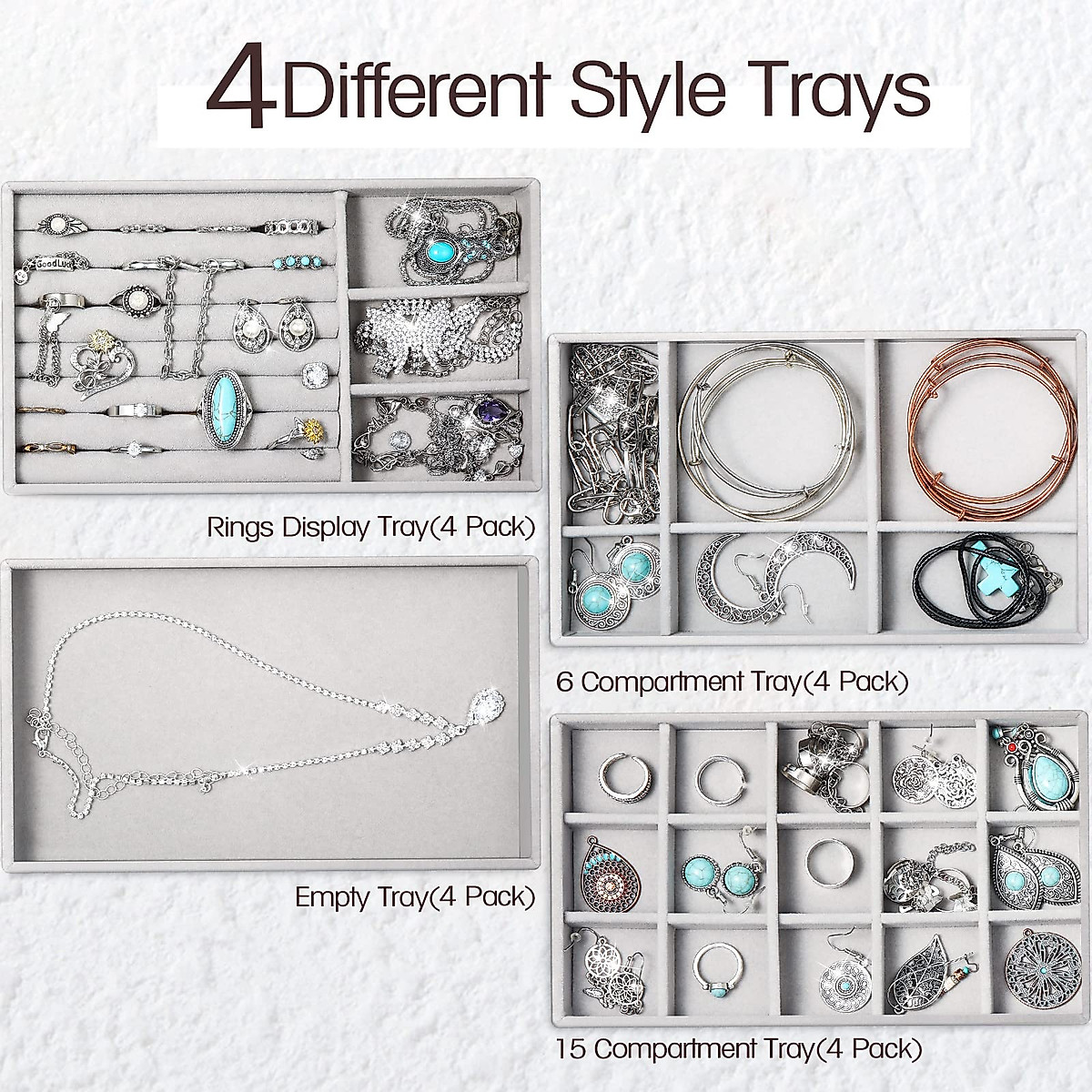 Kenning 16 Pcs Stackable Jewelry Trays Organizer Set for Drawer 8.3x5x1 Small Velvet Jewelry Drawer Insert Storage Holder Closet Dresser Box Divider Ring Earring Display Wedding Gift for Women Girl