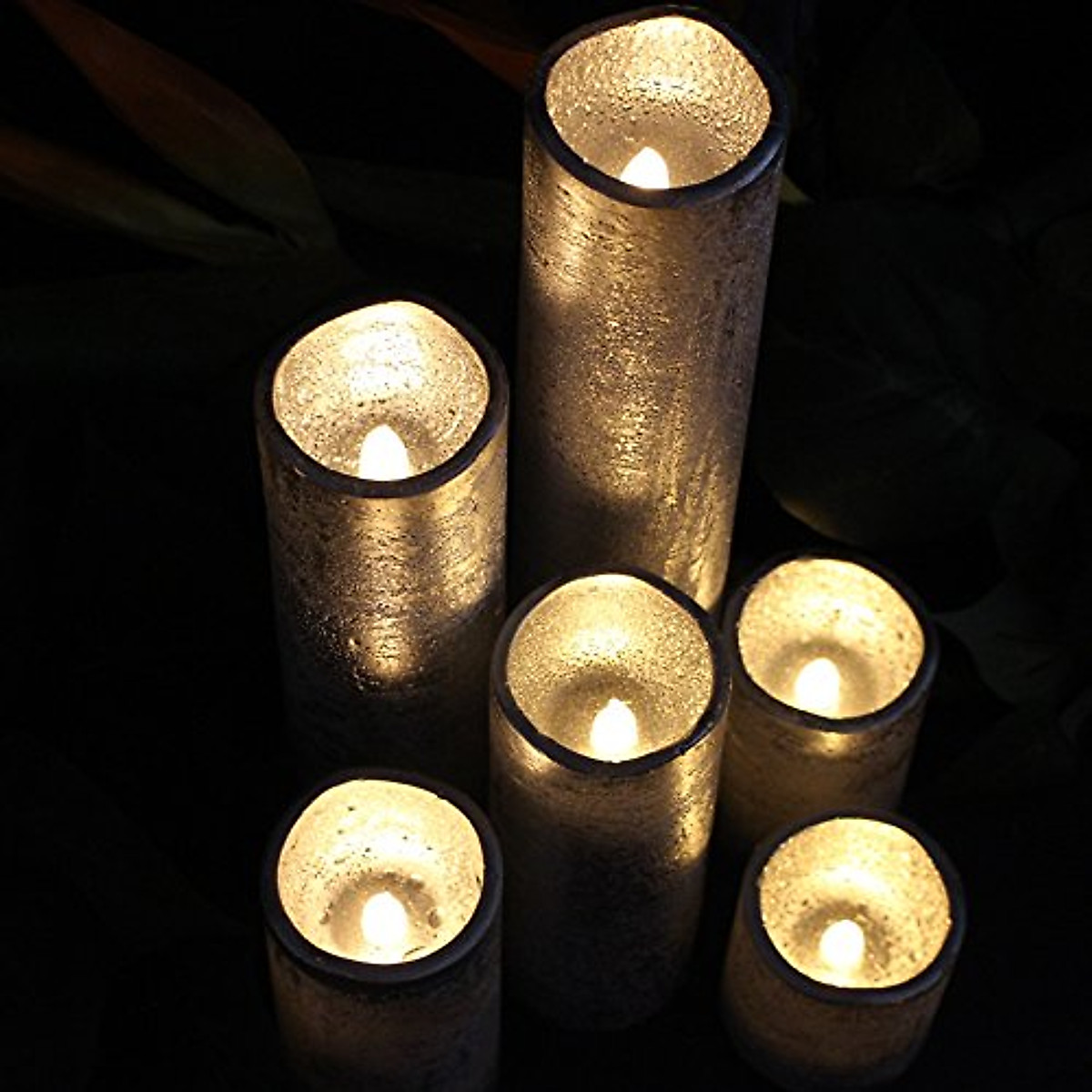 Flameless LED Candles Battery Operated with Timer Slim Set of 6, 2 Inches Wide and 2 - 9 Inches Tall, SilverCoated Wax and Flickering Warm White Flame for Home Holiday Decor or Christmas Decorations