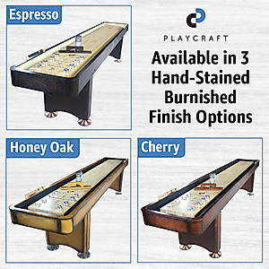 Playcraft Georgetown Shuffleboard Table with Storage Cabinet - Shuffle Board Game Table with Matching Abacus, 8 Pucks, Brush & Wax - Pro Climate Adjusters - Hand-Stained Honey Oak Finish - 14ft