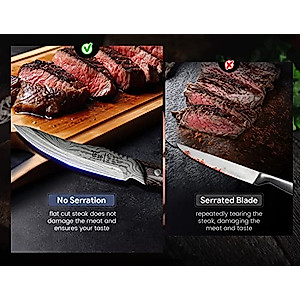 SYOKAMI Steak Knives Set Of 6, 4.8 Inch High-Carbon Japanese Stainless Steel Non-serrated Steak Knife With Wood Handle, Damascus Pattern Full Tang Design, Razor-Sharp Dinner Knives With Gift Box