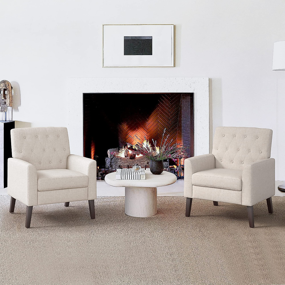 LUE BONA Linen Accent Chairs Set of 2 18.5" H, Comfy Living Room Chair with Arms, Upholstered Button Tufted Armchair, Modern Arm Chairs for Small Space, Living Room, Bedroom, Linen Color