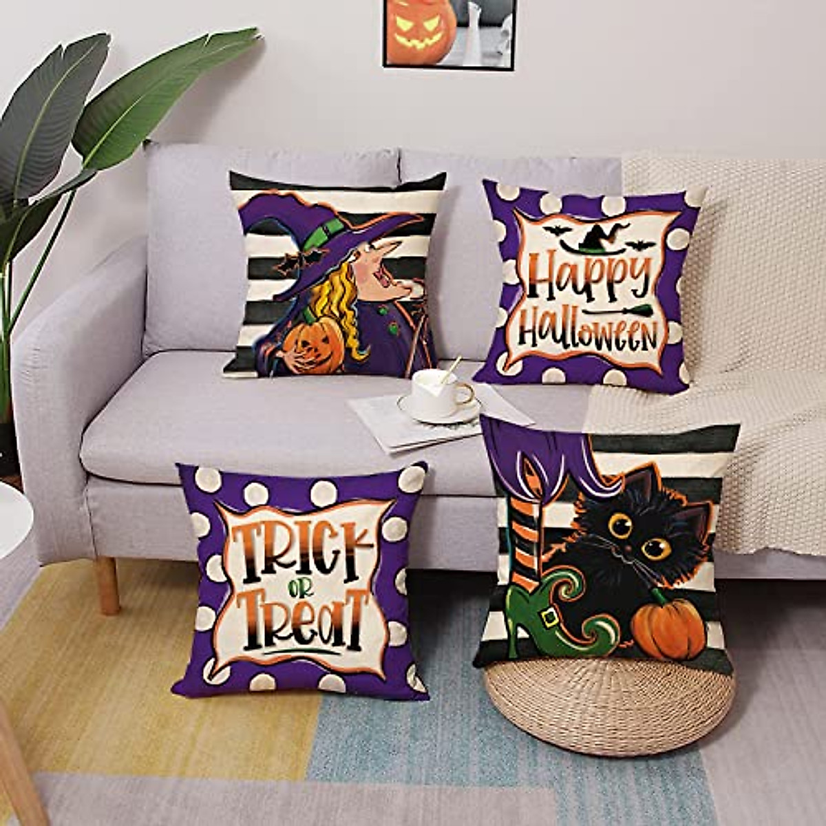 Fjfz Happy Halloween Witch Decorative Throw Pillow Covers 18 x 18 Set of 4, Trick or Treat Black Cat Pumpkin Fall Porch Outdoor Home Decor, Purple Polka Dots Stripes Autumn Holiday Couch Cushion Case