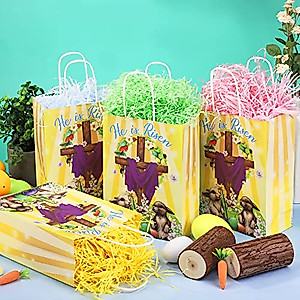 MIMIND 24 Pieces Easter Bunny Paper Gift Bags Inspiring He Is Risen Sign Candy Goodie Bags with Double Handles and Rayon Raffia for Easter Theme Bible Party Favors Egg Hunt Supplies