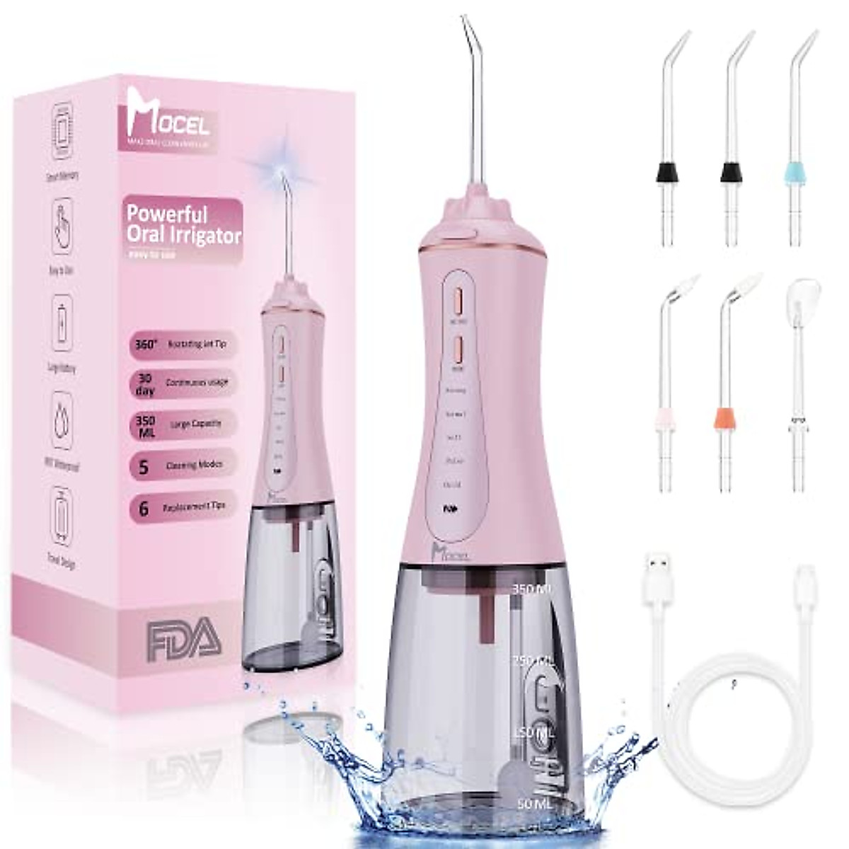 MOCEL Water Dental Flosser Oral Irrigator with 5 Modes, 350ml Cordless Water Teeth Cleaner Pick 6 Tips, IPX7 Waterproof Portable Powerful Battery for Travel & Home Braces & Bridges Care (Pink)