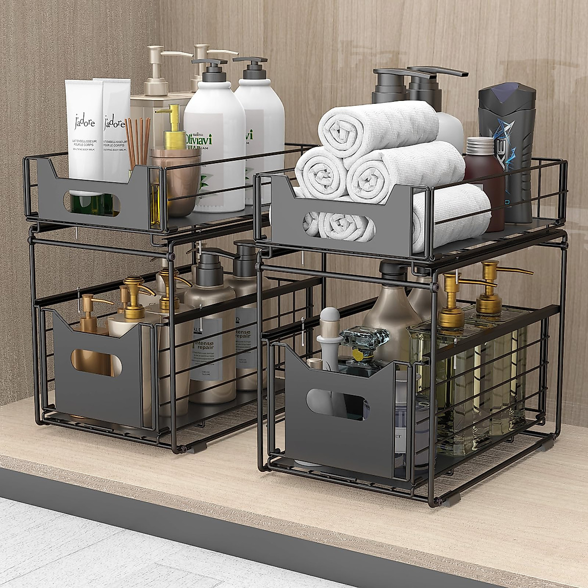 Under Sink Organizers and Storage - 2 Pack Metal Under Cabinet Organizers with Sliding Drawers,Folding Under Sink Organizer for Cabinet, Bathroom, Kitchen, Closets, Bedroom and Offices (Black)