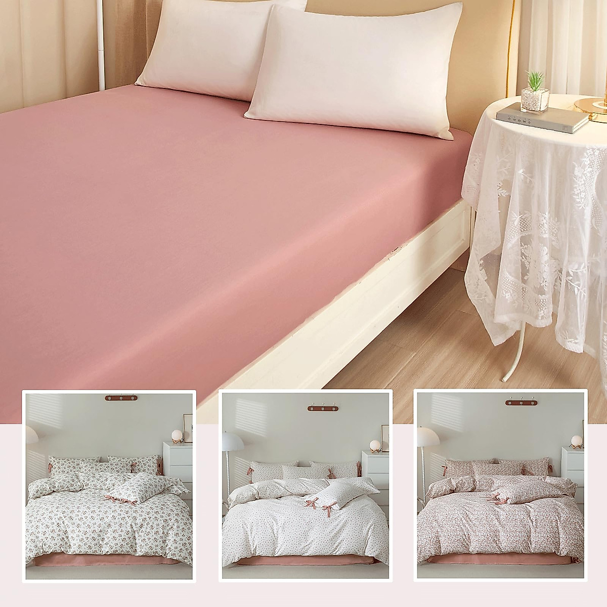 Twin Fitted Sheet Only,100% Cotton Blush Pink Bottom Sheet with 15" Deep Pocket,Comfortable and Breathable Mattress Cover for Girls Women