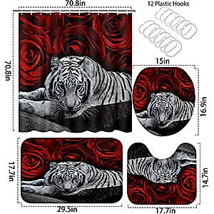 XVWJ Red Rose Tiger Shower Curtain Sets with Rugs Toilet Lid Cover and Bath Mat, Waterproof Animal Shower Curtain with Hooks, Romantic Flower Tiger Bathroom Sets with Shower Curtain and Accessories